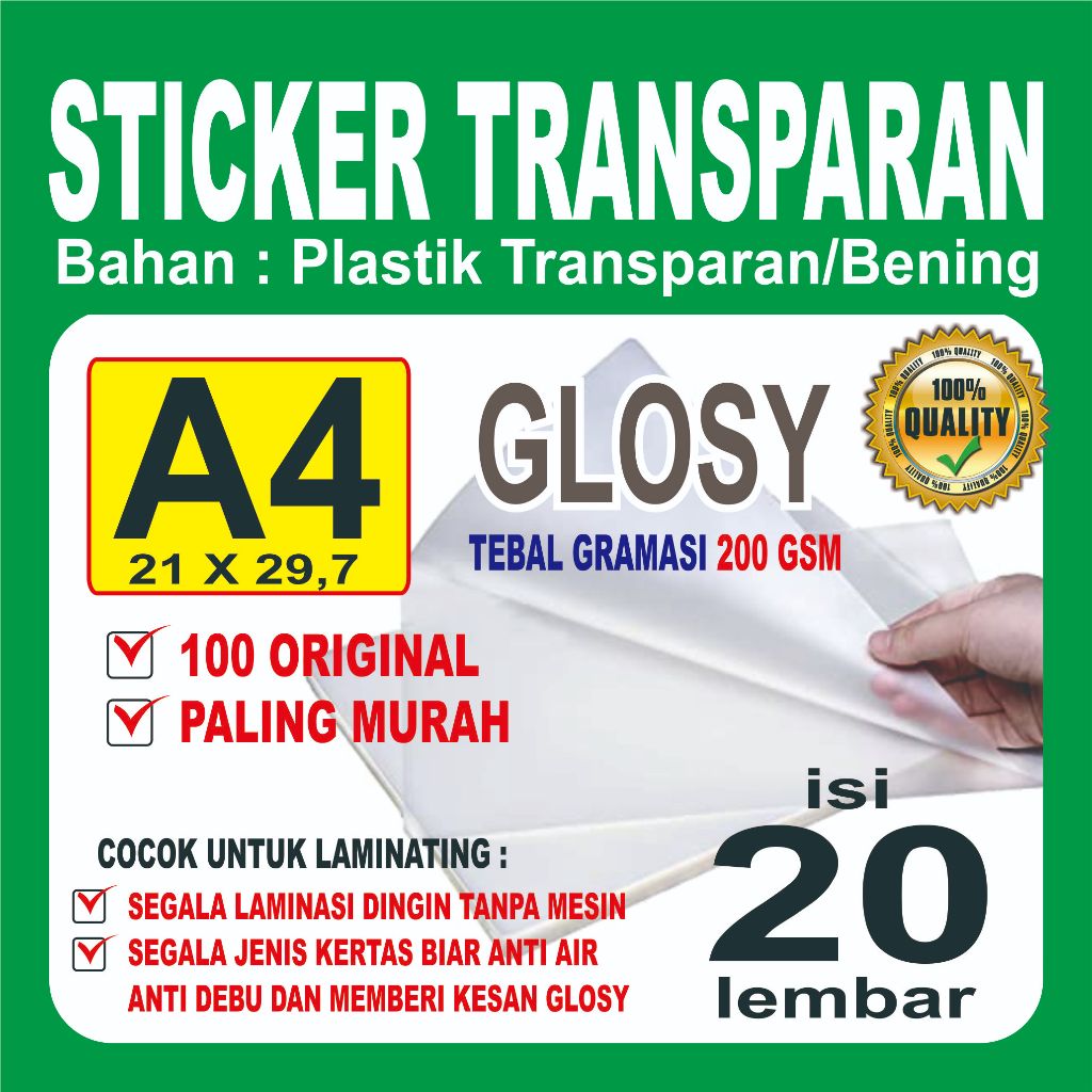 A4 Transparent Stickers contains 20 THICK sheets / Laminated ...