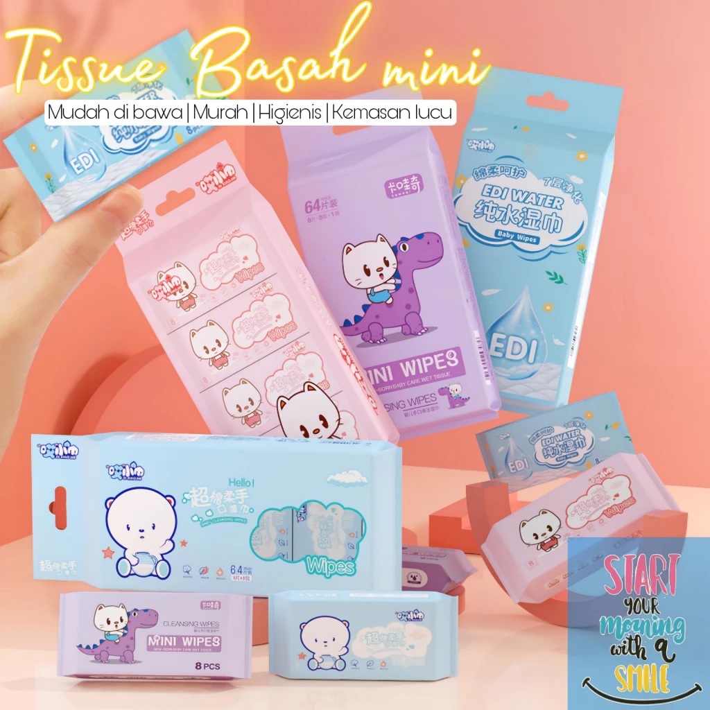 Cute Motif Mini Packaging Wet Wipes 1 Pack contains 8 Packs of Tissue ...