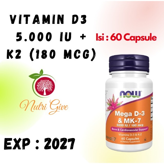 Now Foods Mega D3 MK7 5000 IU / 180 mcg 60 Veg Cap ORI USA NOW D3 k2 ...