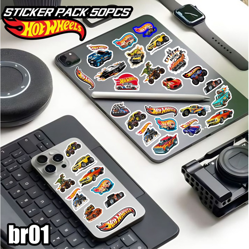 HP Hot wheels sticker pack contains 50 pcs, aesthetic sticker case ...