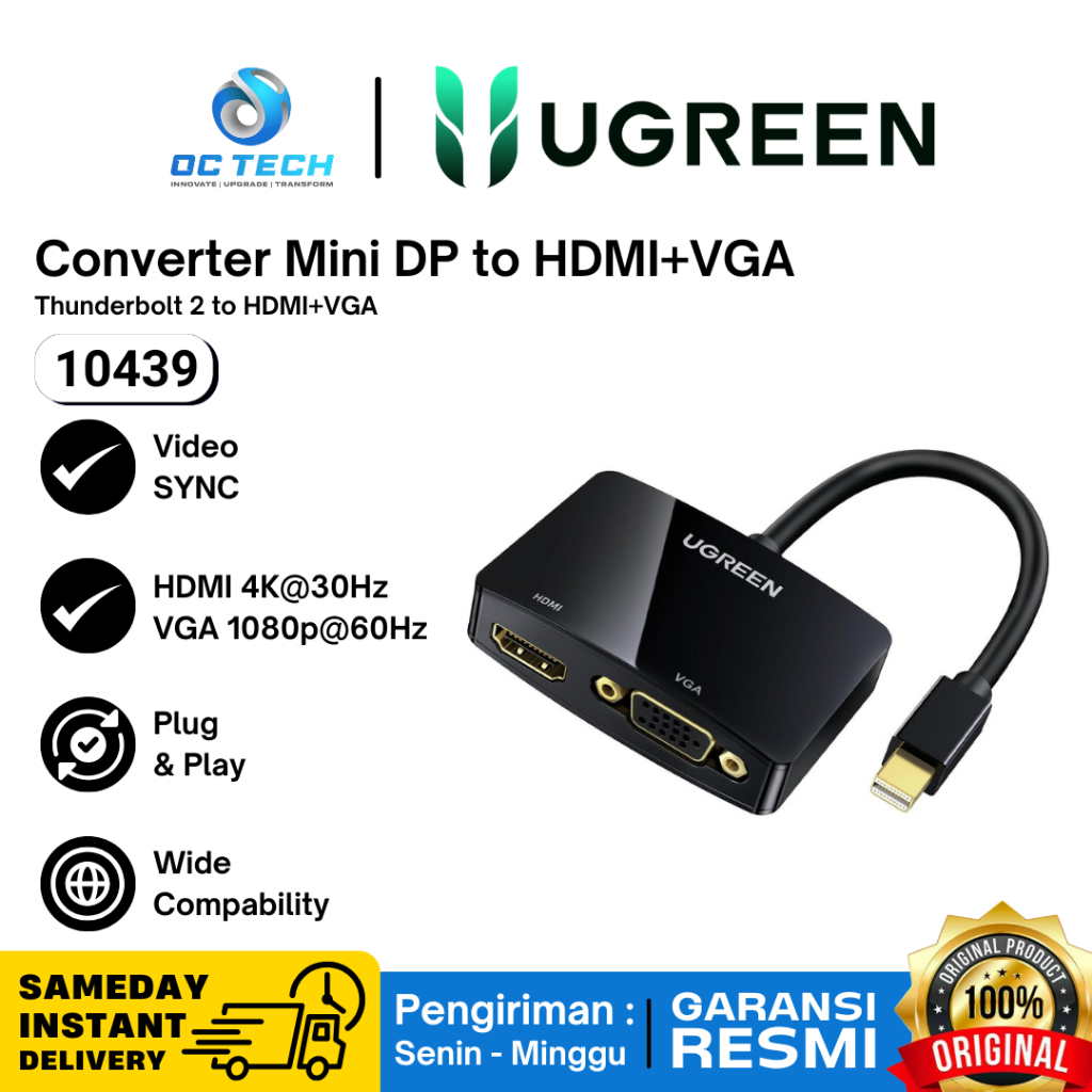 Ugreen 10439 Converter Mini Display Port to HDMI 4K FHD VGA Mini DP Adapter Thunderbolt 2 ...