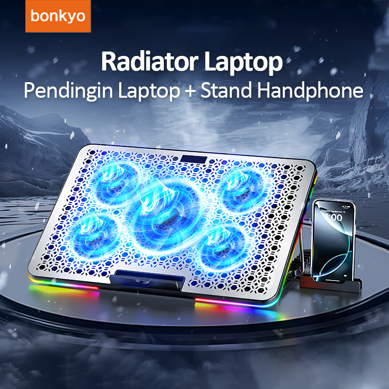Bonkyo Cooling Pad Laptop Gaming RGB 5 Fan Silent With Phone Holder ...