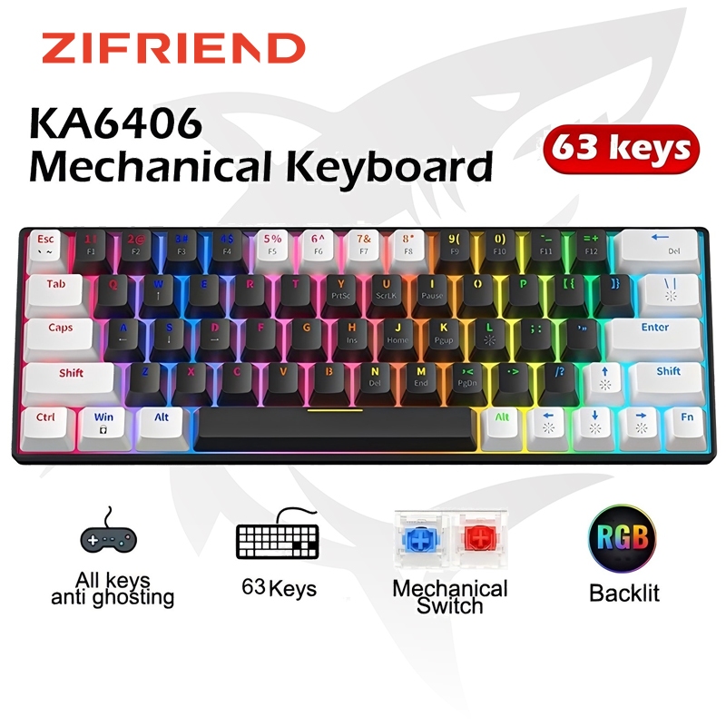 ZIFRIEND KA6406 63 Keys RGB Backlit Wired Black Mechanical Keyboard ...