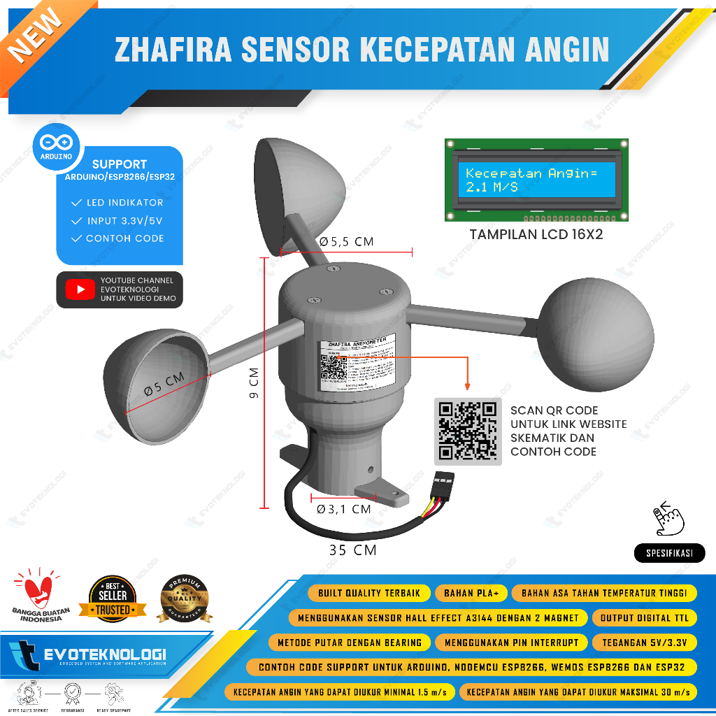 Wind Speed Sensor Anemometer Wind Speed Support Arduino | Shopee Malaysia