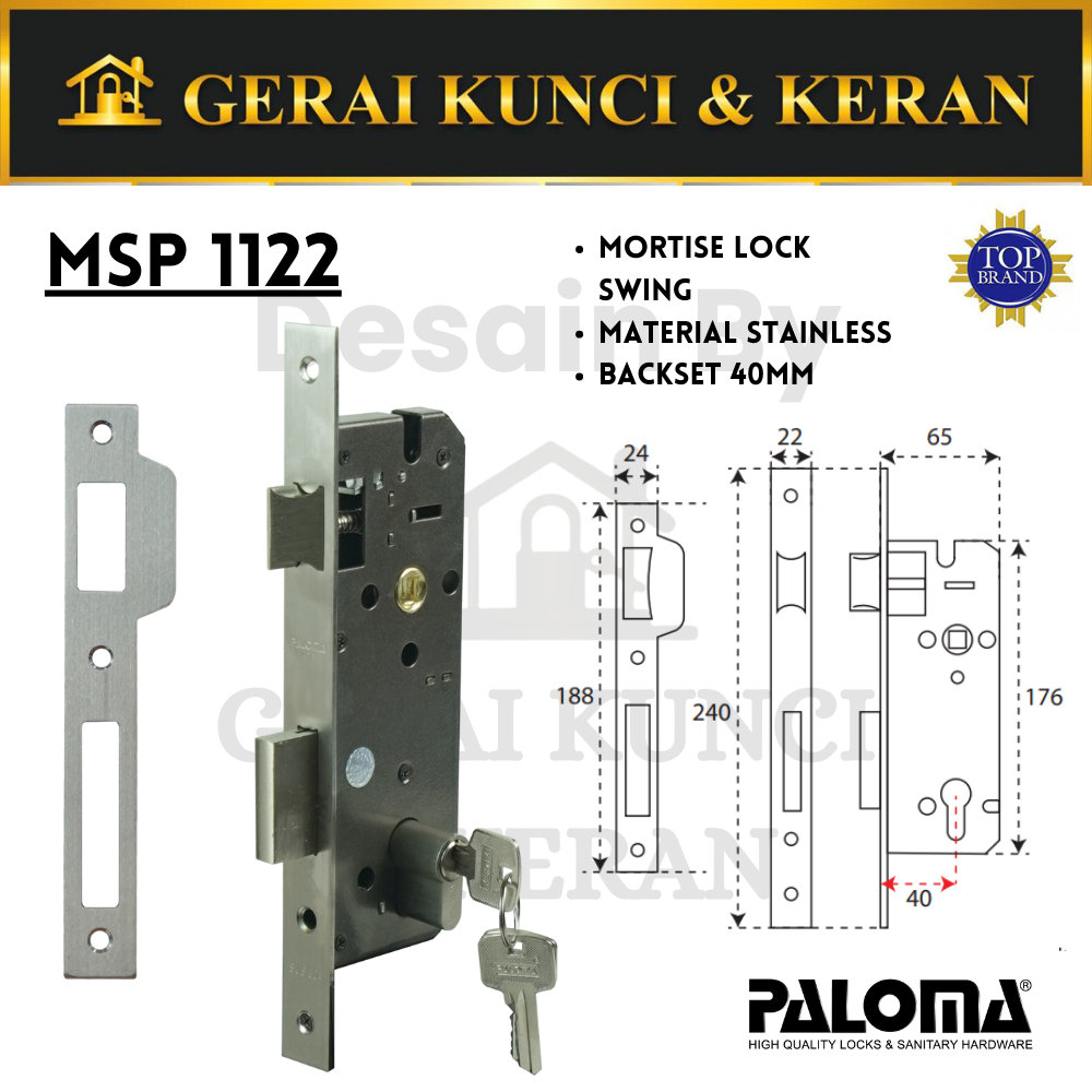 Paloma MSP 1122 40mm Mortise lock Paloma Swing Door lock Set Cylinder ...