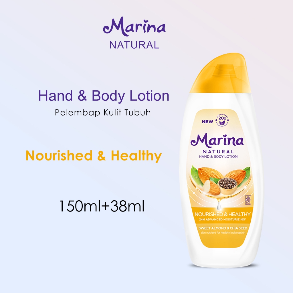 Marina Hand & Body Lotion Natural Nourished & Healthy 150ml Extra 38ml Fill the skin becomes ...