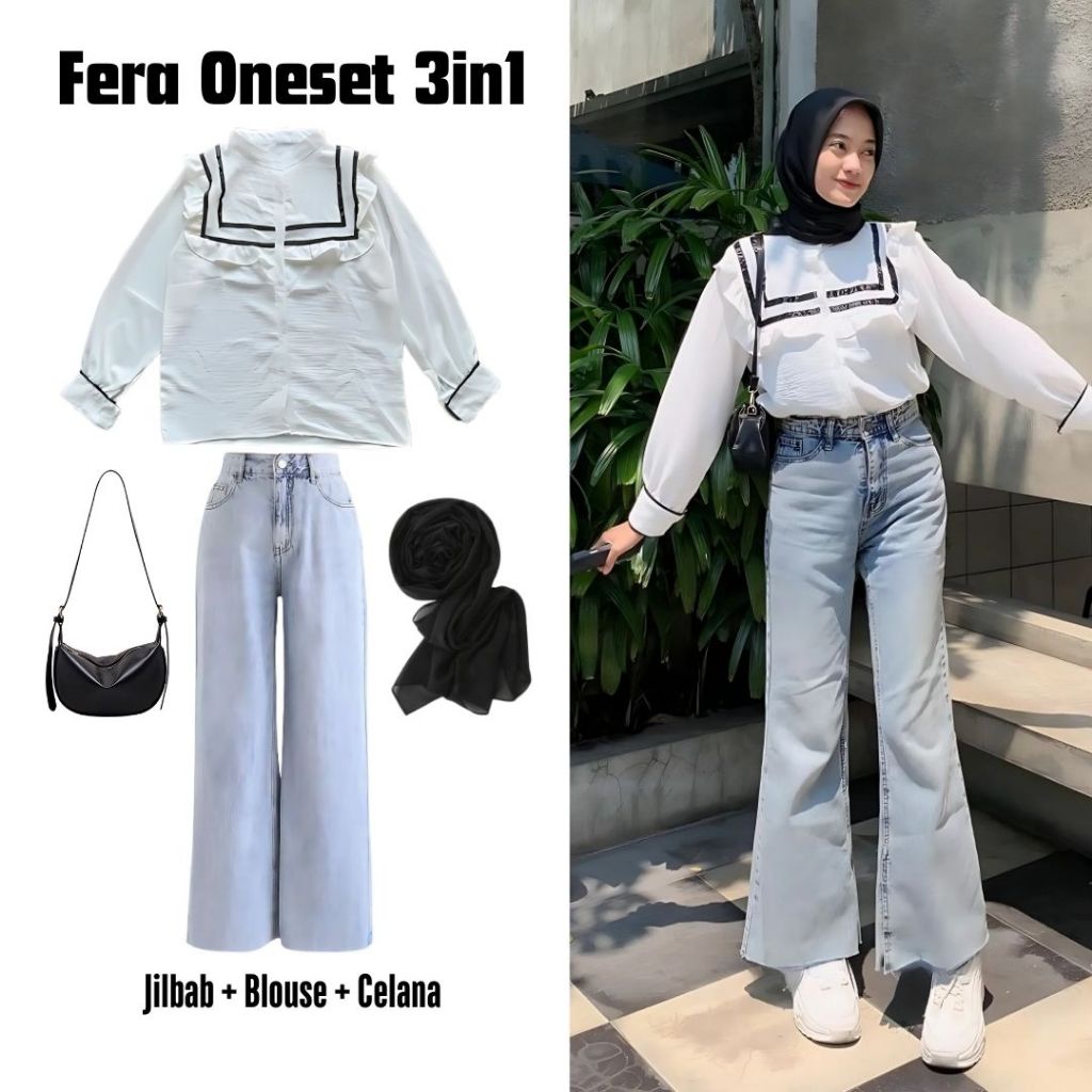 HITAM PUTIH One set 3 in 1 top, white blouse, black list, highwaist ...