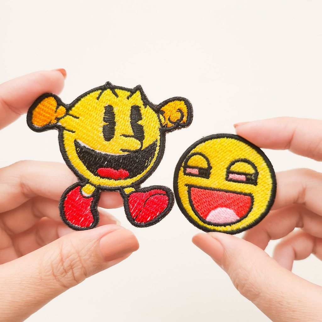 Pac MAN IRON PATCH / STONER FACE EMBLEM / EMOTICON BADGE EMBROIDERY ...