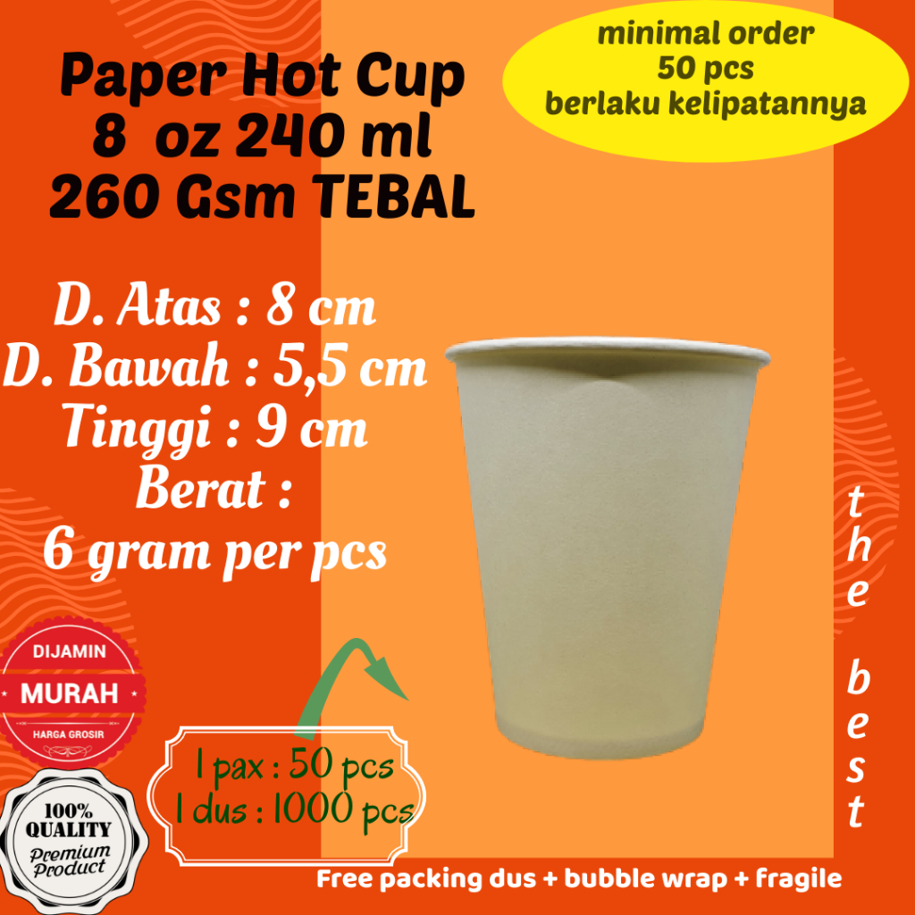 Paper Hot Cup 8 oz 240 ml Thickness 260 gsm Plain contains 50 pcs | Shopee Malaysia