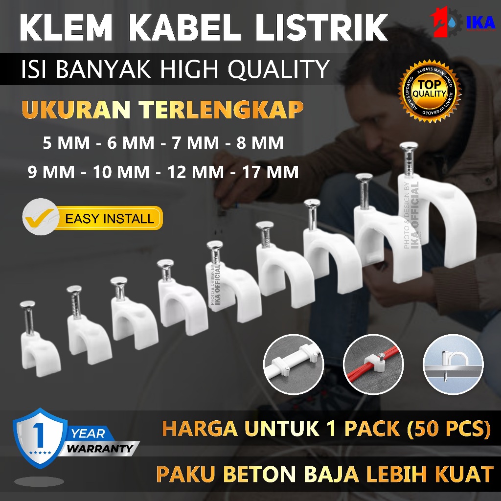 PUTIH Electrical Cable Clamps 5 6 7 8 10 12 50 PCS Concrete Nail Cable ...