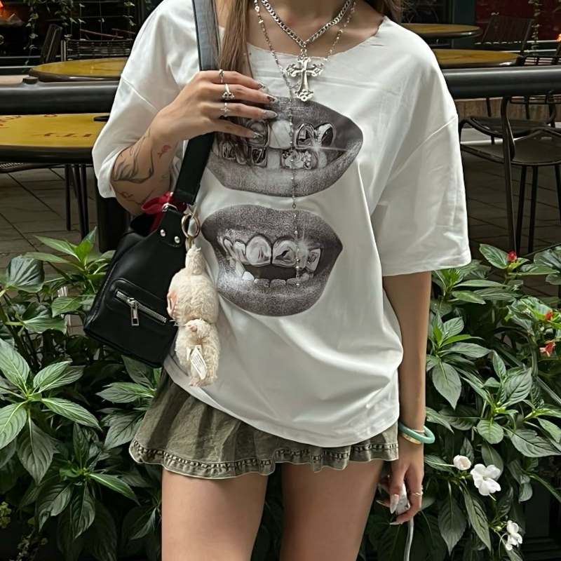 Twin silver lips tshirt y2k asymmetric offshoulder top grillz ...