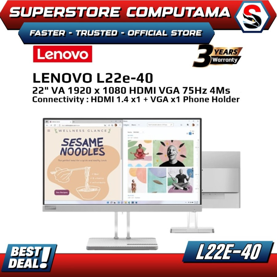 Monitor Lenovo L22e-40 22" 1080p 75Hz 4Ms VGA HDMI Silver Phone Holder ...