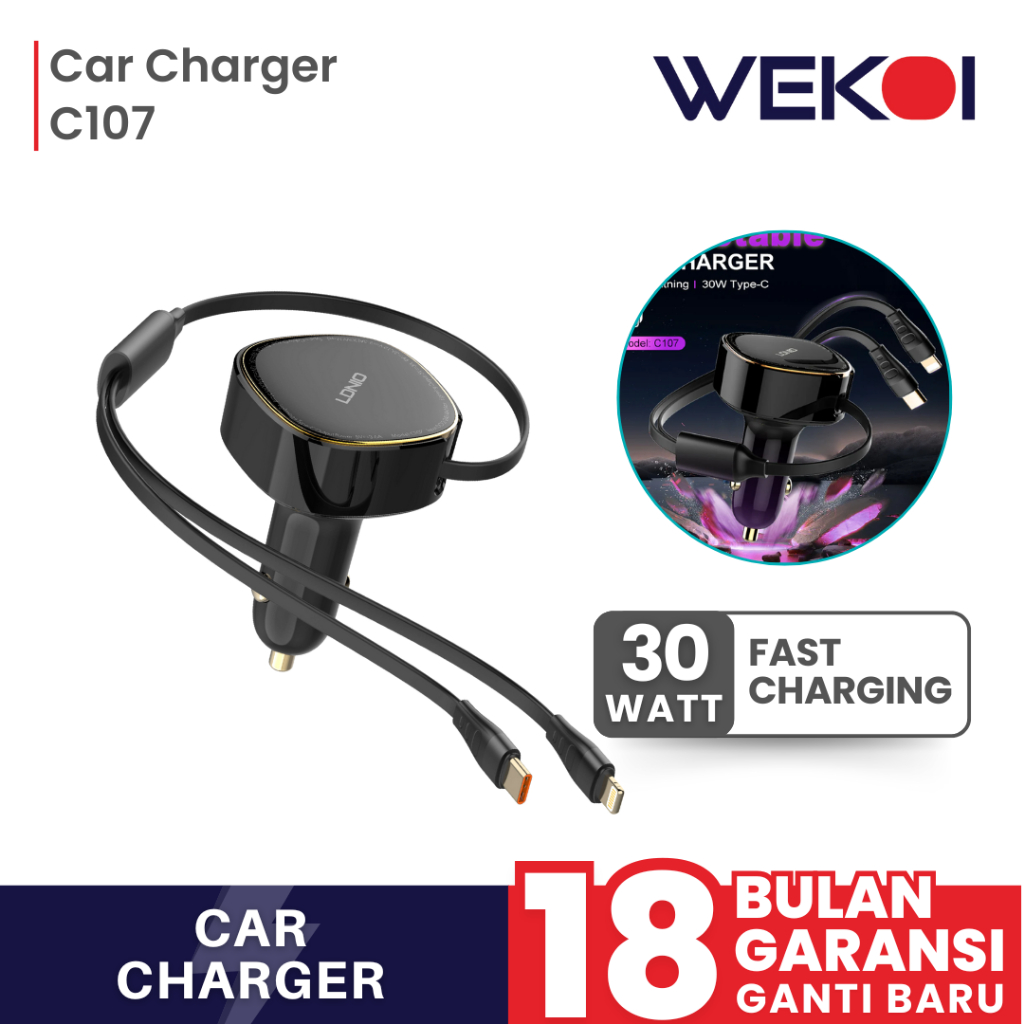 Ldnio Car Charger C107 Retractable Cable Lightning and Type-C Fast ...