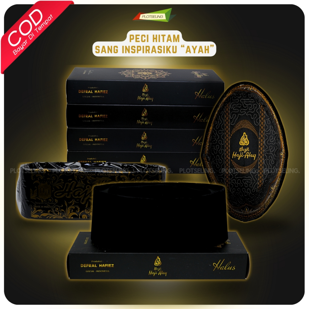 Premium Black Songkok Peci HAJI ALAY DELUXE AC Height 7 8 9 10 Size ...