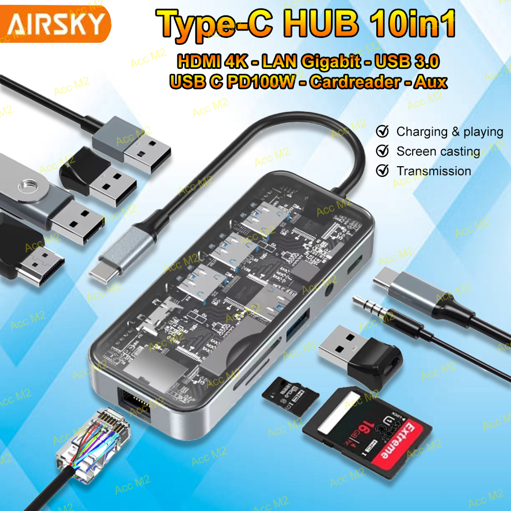 Airsky Type C 10 in 1 Transparent PD100W Type-C HUB 10 in 1 USB C HUB With USB 3.0, HDMI 4K,RJ45 ...