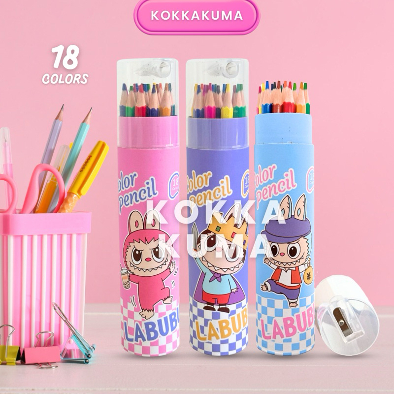 ( Kkm ) Labubu Aesthetic Color Pencil Labubu Tube 19 cm contains 18 ...
