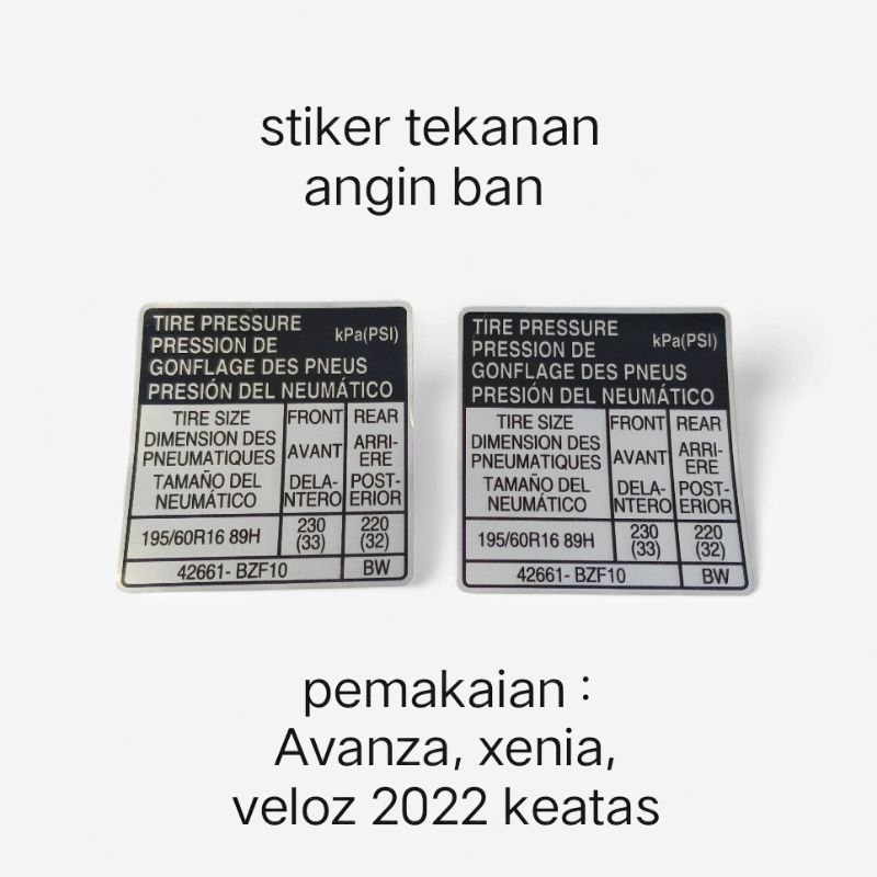 Original toyota avanza xenia veloz 2022-2024 tire pressure sticker ...