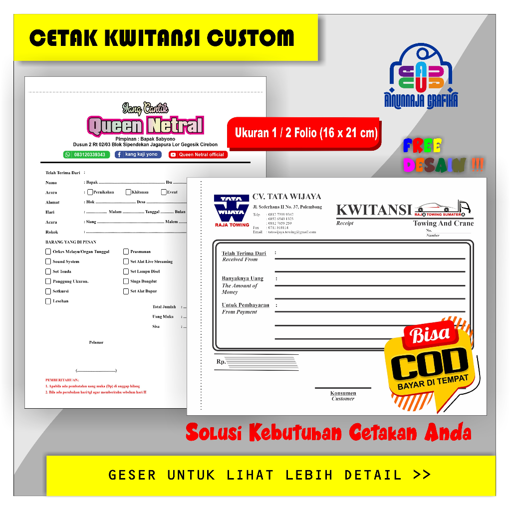 Custom receipts, print custom receipts measuring 1/2 or 16x21 cm ...