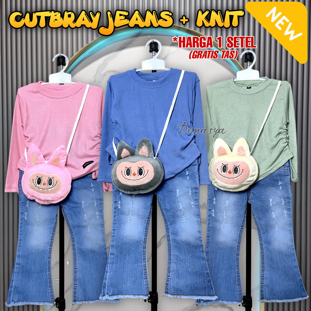 Free BAG) Trendy Girls' Knit Suit / Girls' Cutbray Jeans Pants / Latest ...