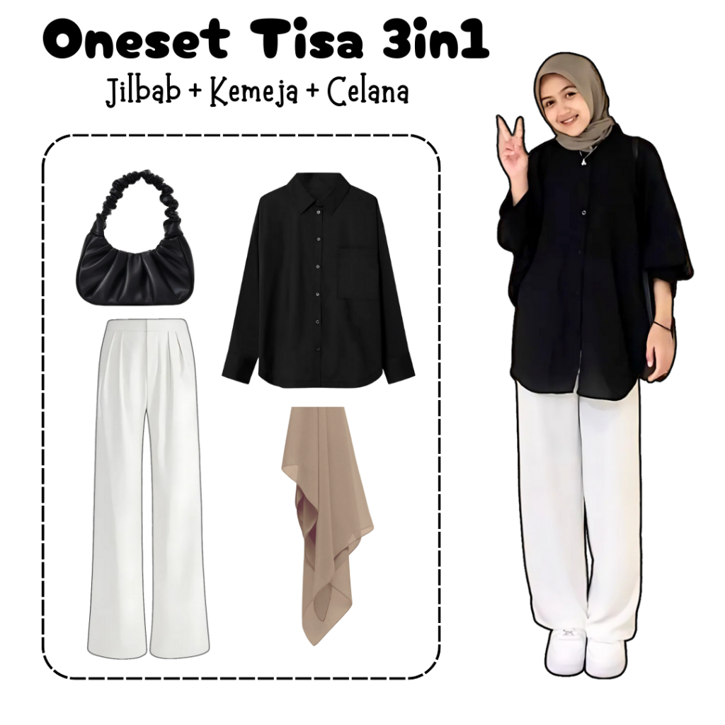 HITAM KEMEJA One set of 3 in 1 basic black shirt, broken white hijab bella square mocca pants ...
