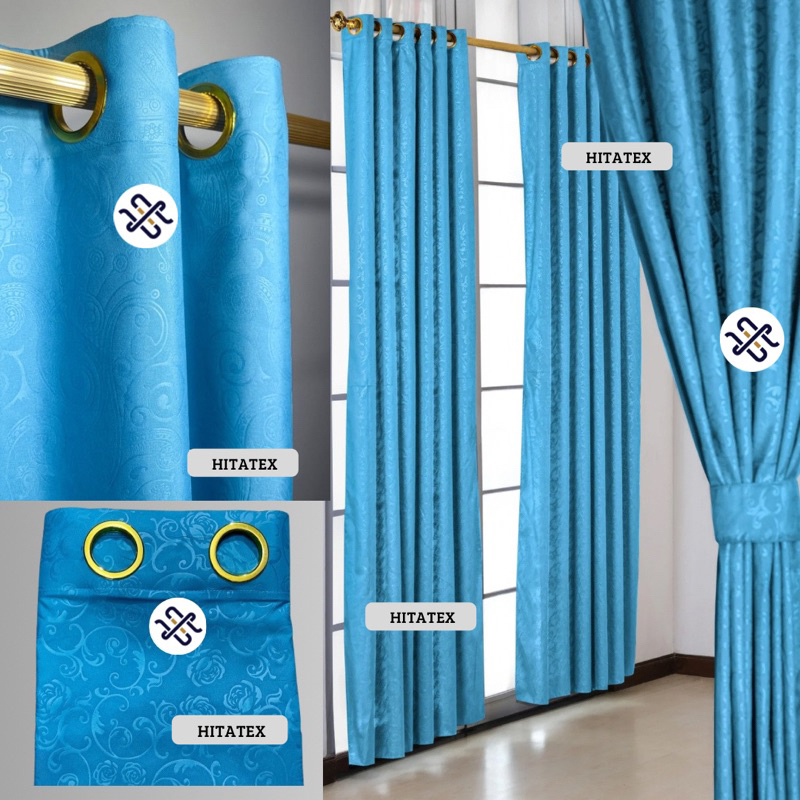 Thick Blue Plain Embossed Window Curtains Premium Minimalist Window ...