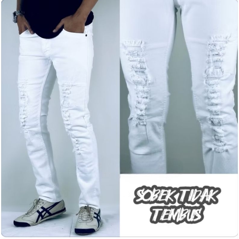 PUTIH Men's Ripped White jeans No See Through Ripped Destroy Slim fit ...