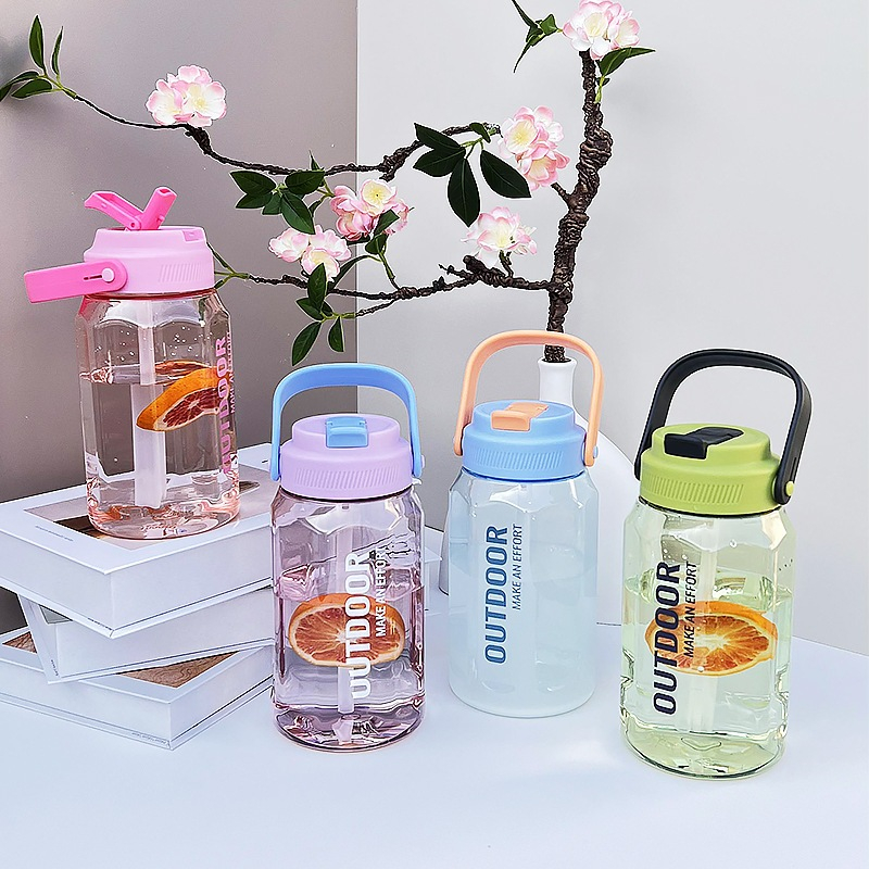 1 Liter Transparent Trendy Drinking Bottle Sport Model Straw Handle ...