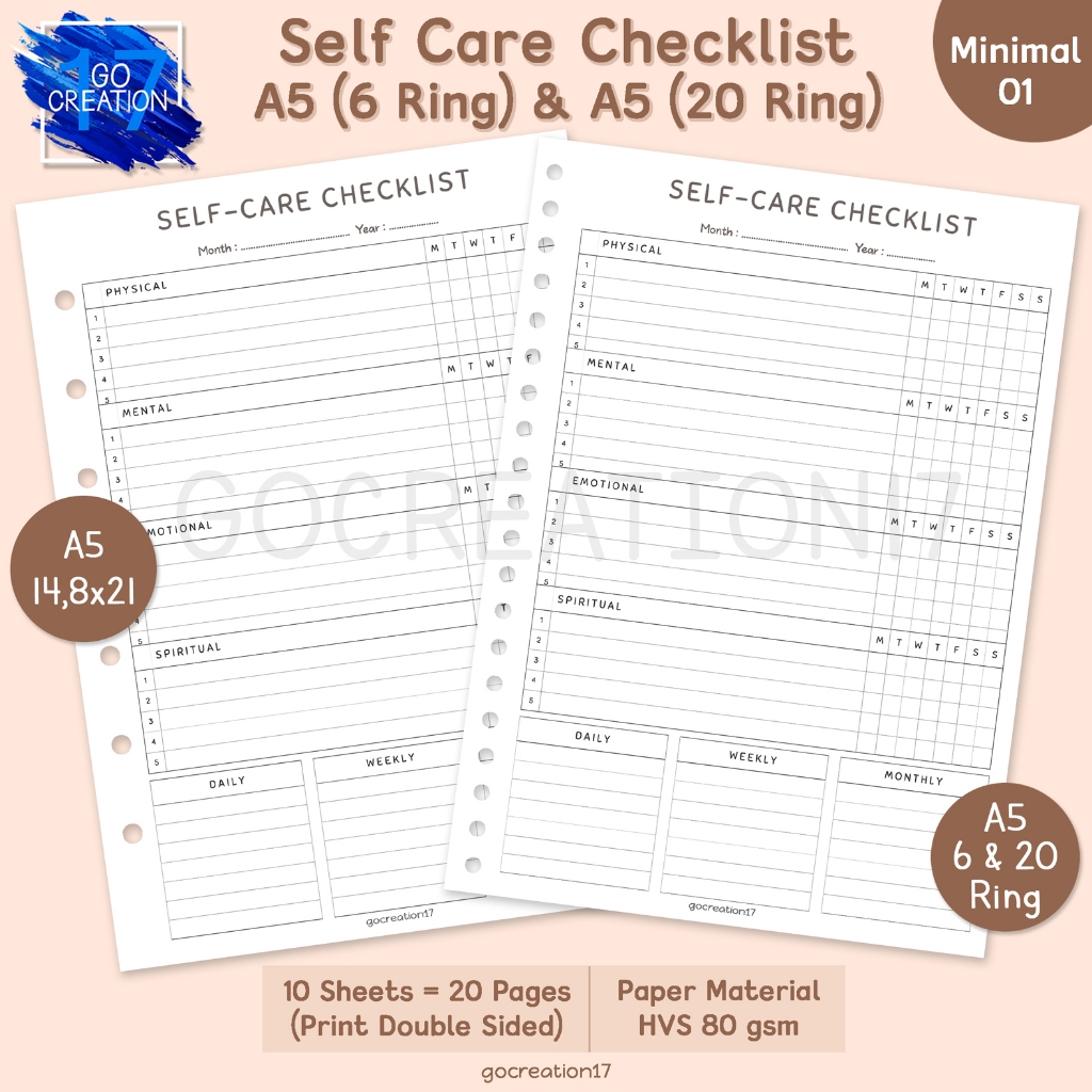 Simple Minimalist Self Care Checklist Binder Filled Paper Planner Book ...