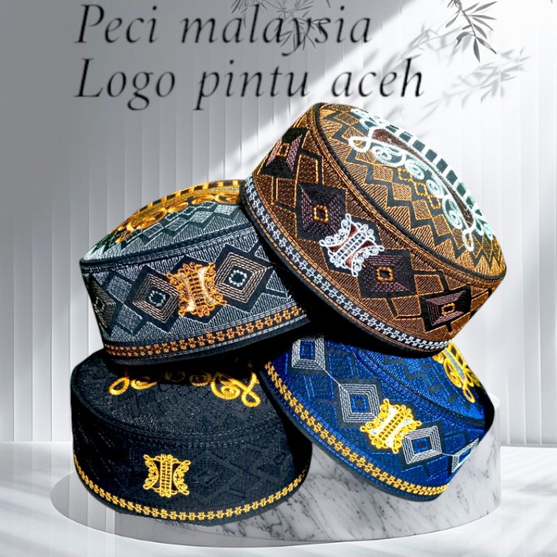 Malaysian peci, aceh door logo, embroidered motif, muslim skullcap ...