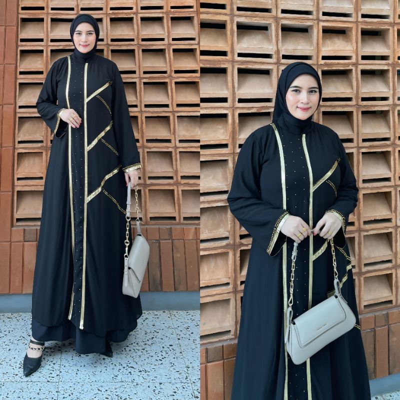 GAMIS ABAYA TURKEY BUSUI ARAB DUBAI FULL BLACK AND GOLD FARRAH | Shopee ...