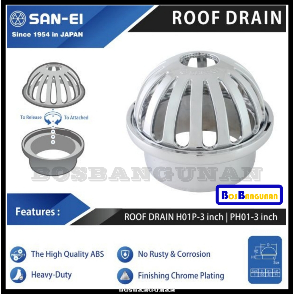 Roof Drain San-Ei H01 P-3" Size 3 Inch / San-Ei San-Ei H01 P-3" ABS Plastic Material / Dak San ...