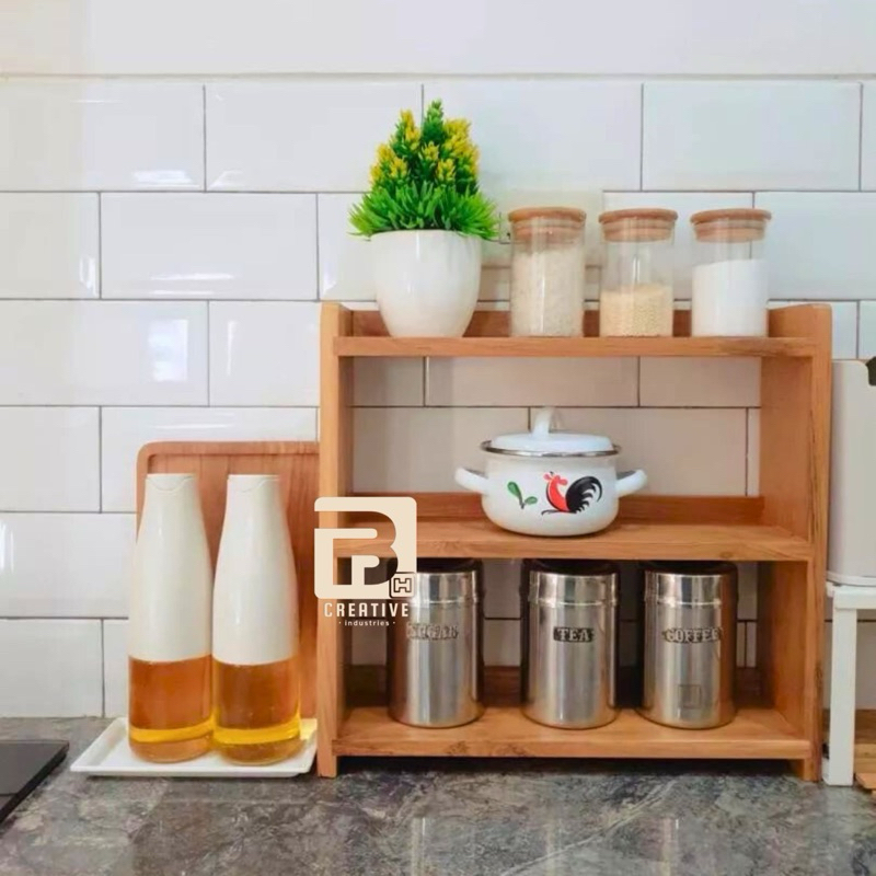 KAYU 3 tier kitchen spice rack Teak wood plank spice rack Multi-purpose ...