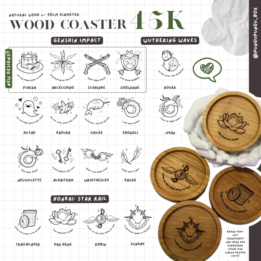 KAYU Genshin Impact Teak Wood Coasters Honkai Star Rail HSR Wuthering ...