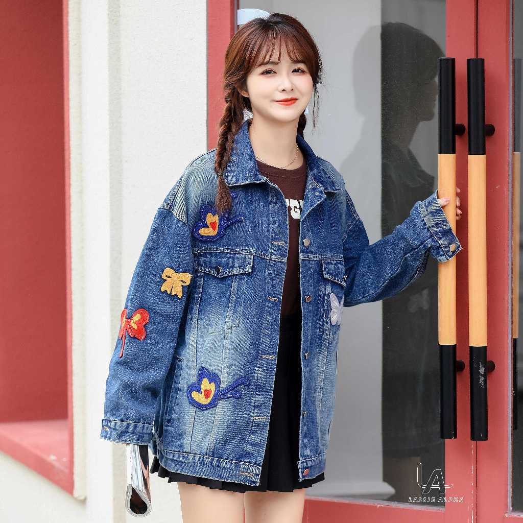 Lassie alpha JW07 Blue pattern screen printed Denim Jeans jacket women ...