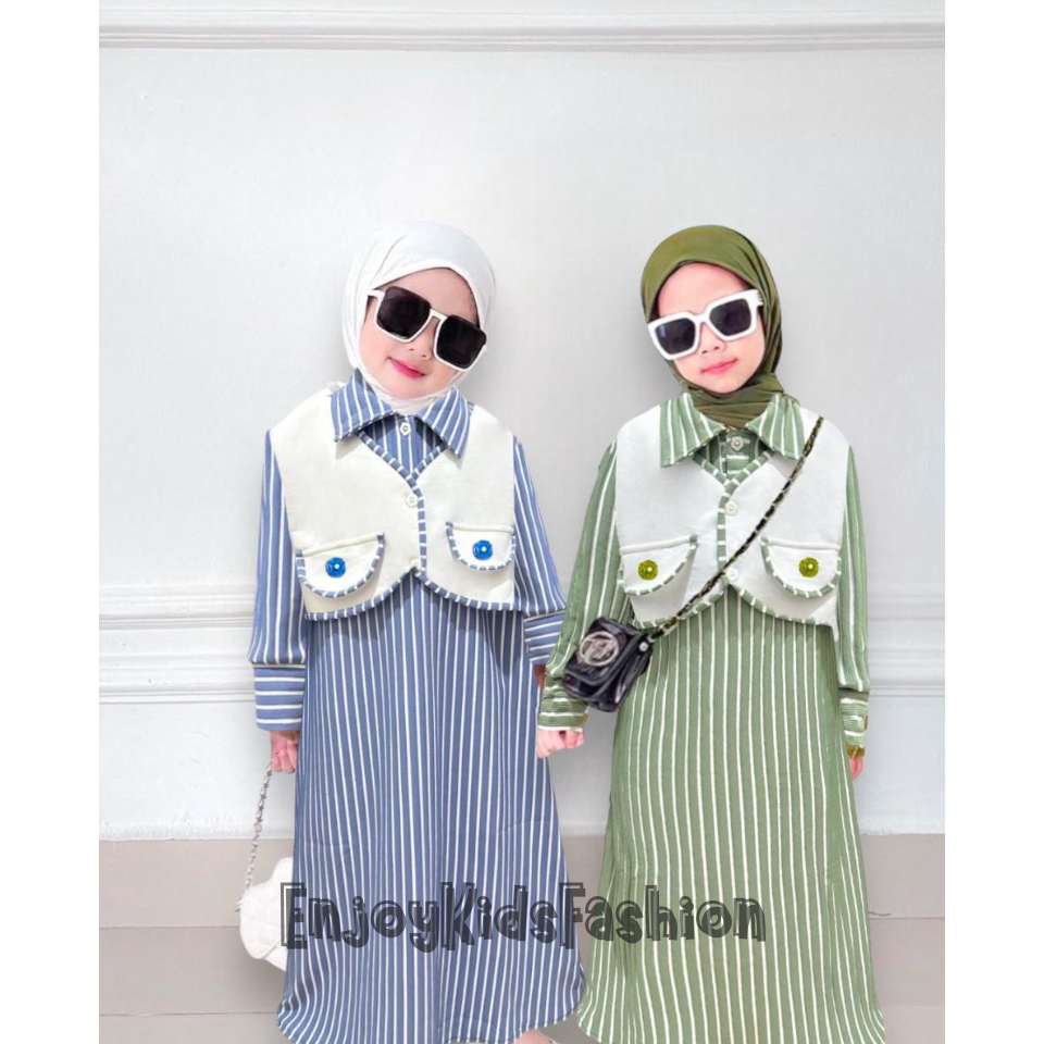 Latest Muslim Vest Eid Gamis with Striped Models for Girls Ages 1 to 12 ...