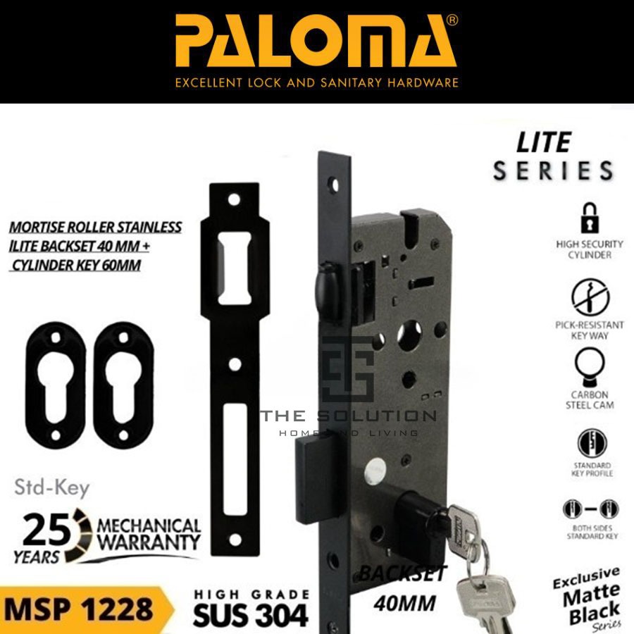 HITAM Paloma MMM Door Lock 1228 Body Mortise Roller Pelor Set 2 Black ...
