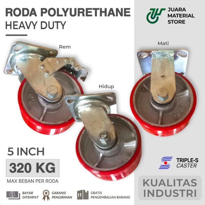 MERAH Trolley Wheels 5 inch 125 mm Polyurethane Red Double Ball Bearing ...