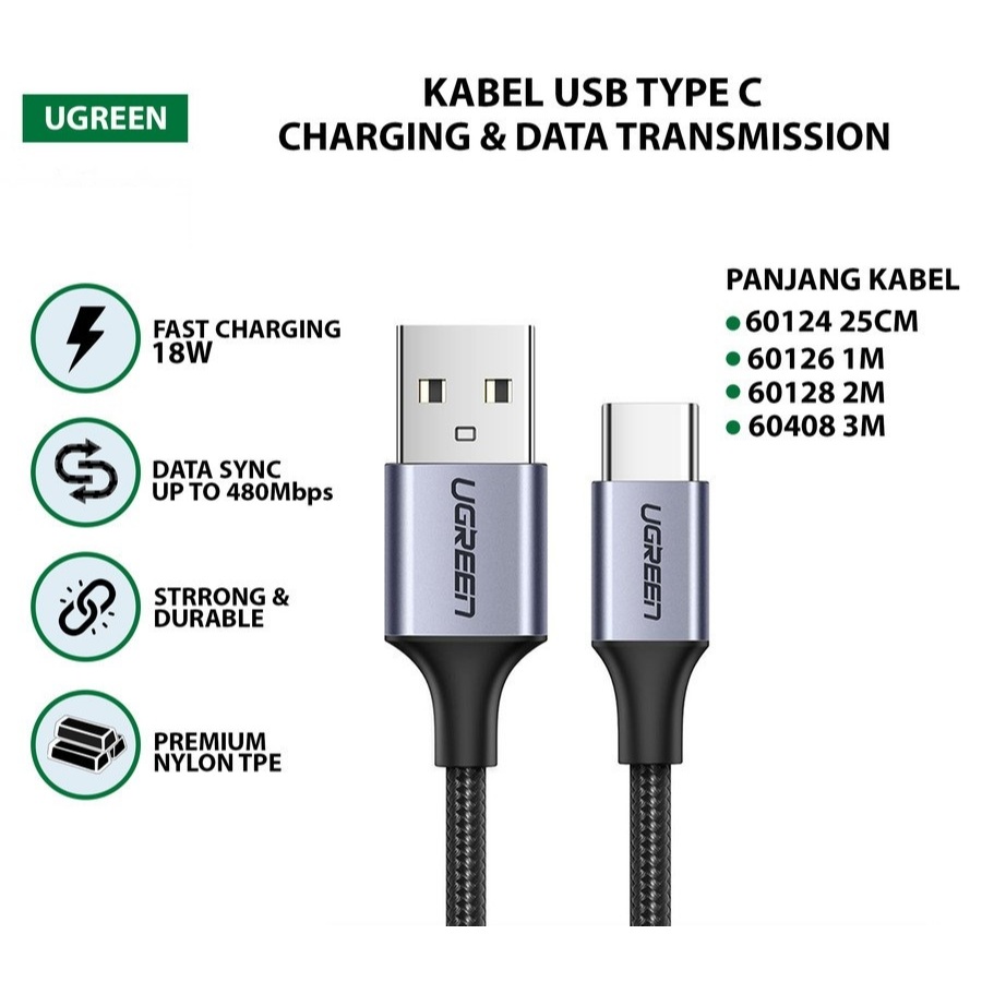 UGREEN 60126 USB A 2.0 to Type C Nickel Plating 1M Nylon Cable | Shopee ...