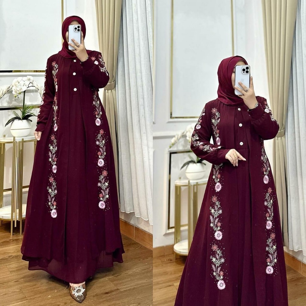 Latest Gamis 2025 Labela Dress Embroidered Burgundy Model Two Layer ...