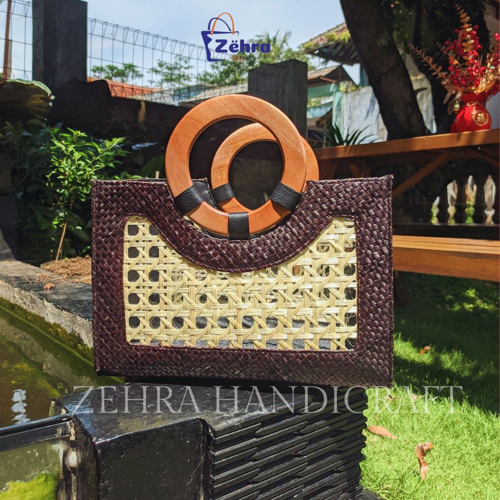 KAYU Brown Pandan Woven Souvenir Bag Combination of Bamboo Woven Wooden ...
