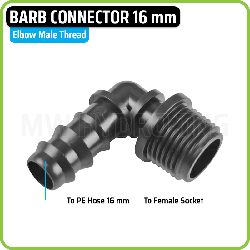 Barb Connector 16 mm - Elbow Male Thread | Hydroponic Irrigation PE ...