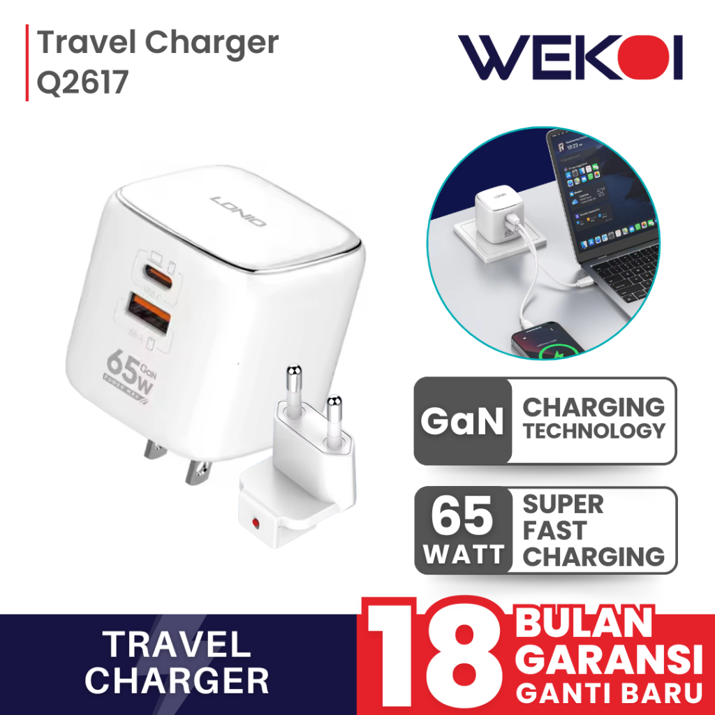 Ldnio Q2617 Power Adapter Fast Charging GaN 65W PD QC Type C USB A Wall ...