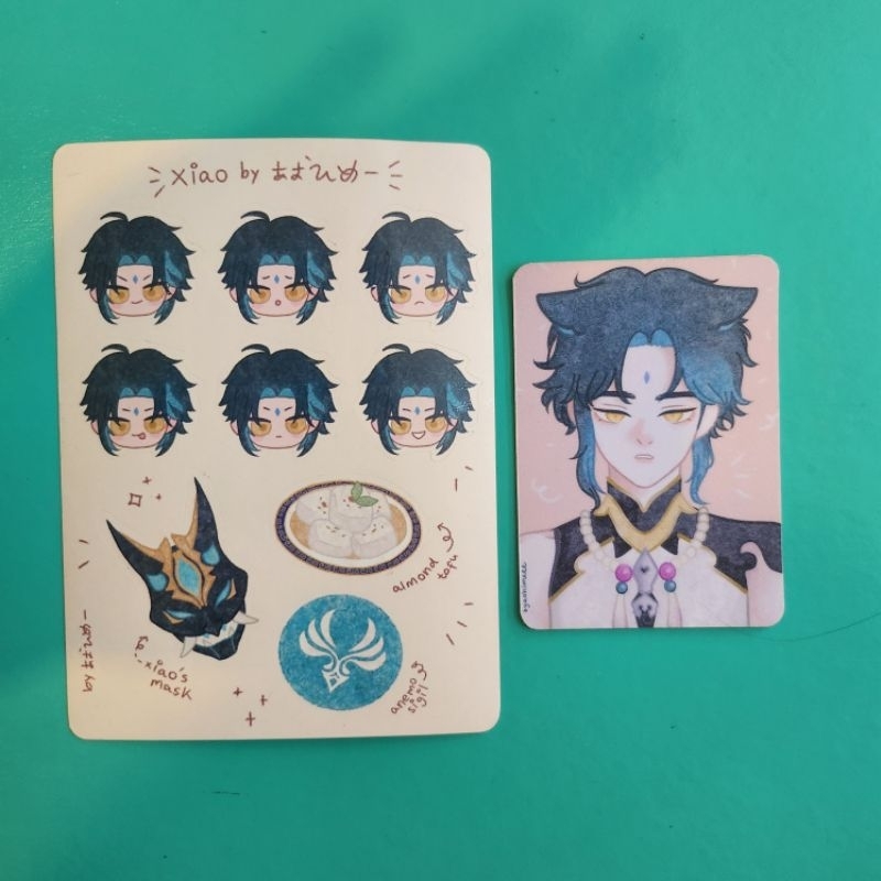Xiao genshin glitter photo card & sticker bundle, mihoyo hoyoverse ...