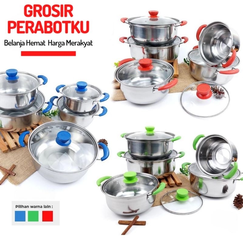 Panci Set Stainless Glass Lid Soup Pot Multipurpose Stock Pot Contents ...