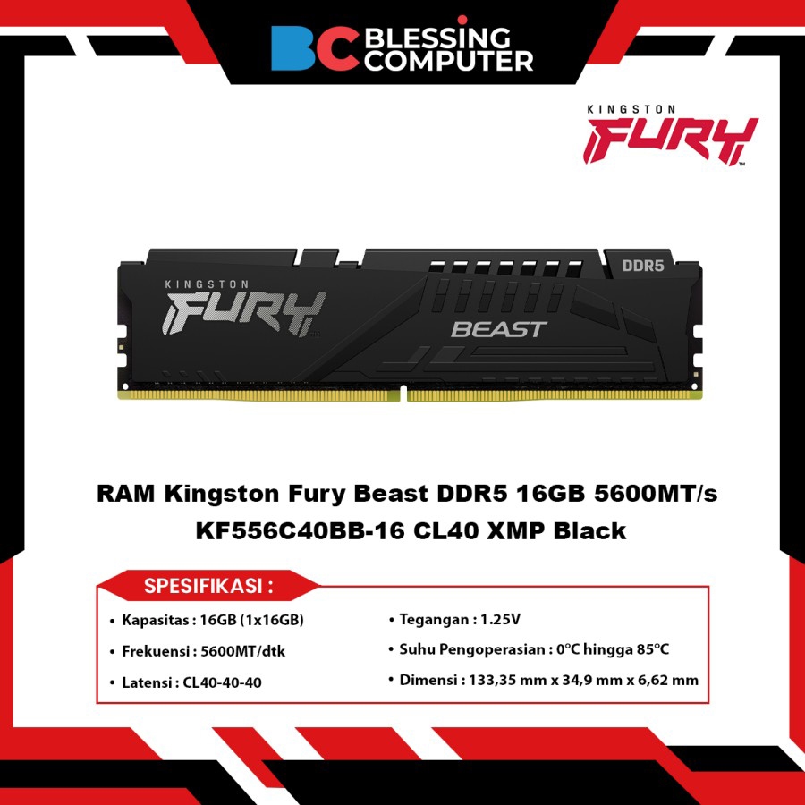 Ram Kingston Fury Beast DDR5 16GB 5600MT/s KF556C40BB-16 CL40 XMP Black | Shopee Malaysia