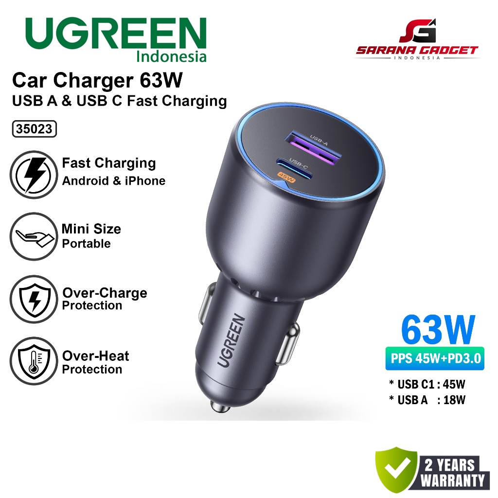 Ugreen 35023 Car Charger 63W Dual Port Output Super Fast Charging Type C + USB A QC PD 3.0 Car ...