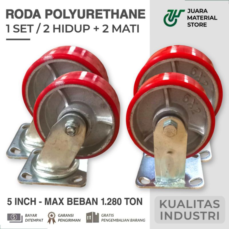 [4 PCS] 5 inch 125 mm PU Heavy Duty Trolly Wheels (2 On + 2 Off ...