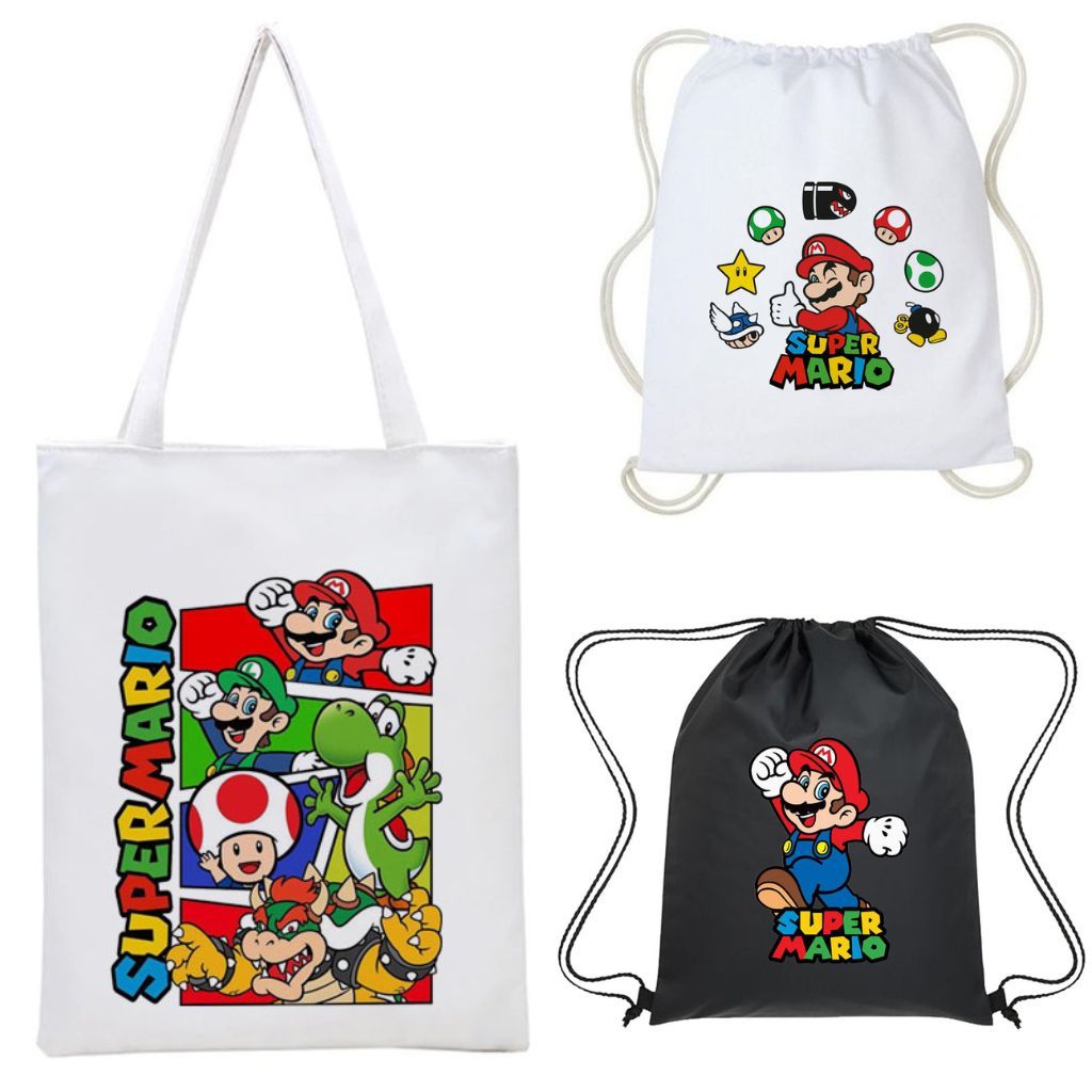 HITAM Cute Super Mario Bros Drawstring Tote Bag Women's Canvas Black ...