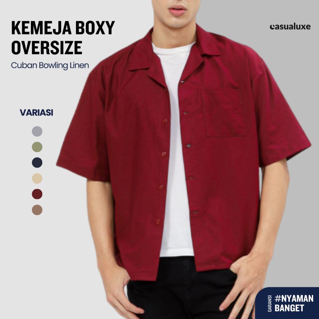 KEMEJA MERAH Casualuxe Cuban Bowling Boxy Oversized Linen Shirt Maroon ...