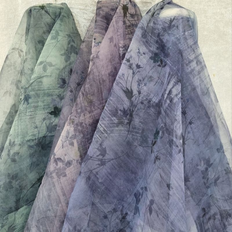 Premium Organza Silk Print Fabric With Vines Flower Motif (Organsa ...